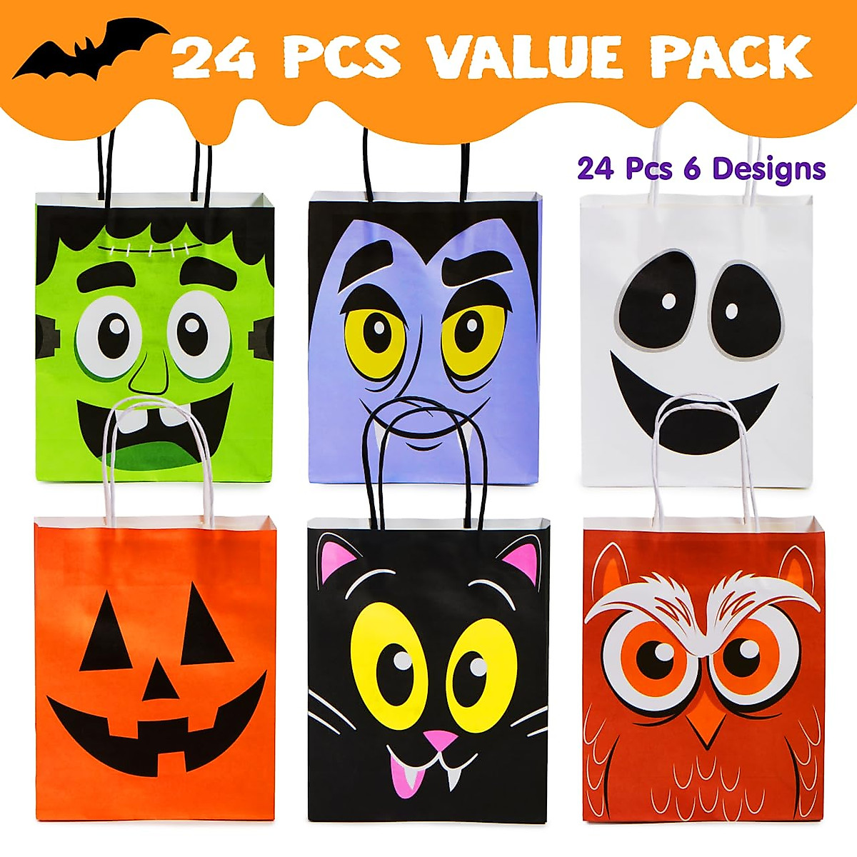 JOYIN 24 Pcs Halloween Colorful Bags with Handles, Paper Gift Bags for Trick-or-Treating, Halloween Party Favors and Supplies, Halloween Goodie Bags, Halloween Candy Bags