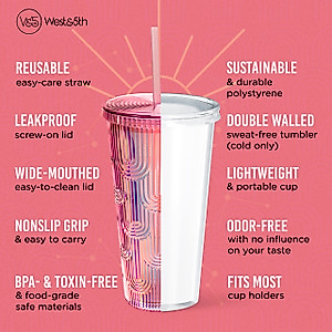 WEST & FIFTH Mermaid Scale Tumbler with Lid & Straw- Fashion, Trendy, Holographic & Iridescent Water Bottle- BPA Free Plastic Cold Cup- 24 Ounces (Peach, Holographic)