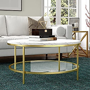 Henn&Hart 36" Wide Round Round Coffee Table with Faux Marble Top in Gold, Modern Round Coffee Tables for living room, studio apartment essentials
