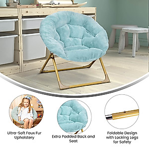 Flash Furniture Gwen Kids Cozy Mini Folding Saucer Chair - Dusty Aqua Faux Fur Moon Chair - Soft Gold Metal Frame - 23" Portable Folding Chair For Living or Bedroom
