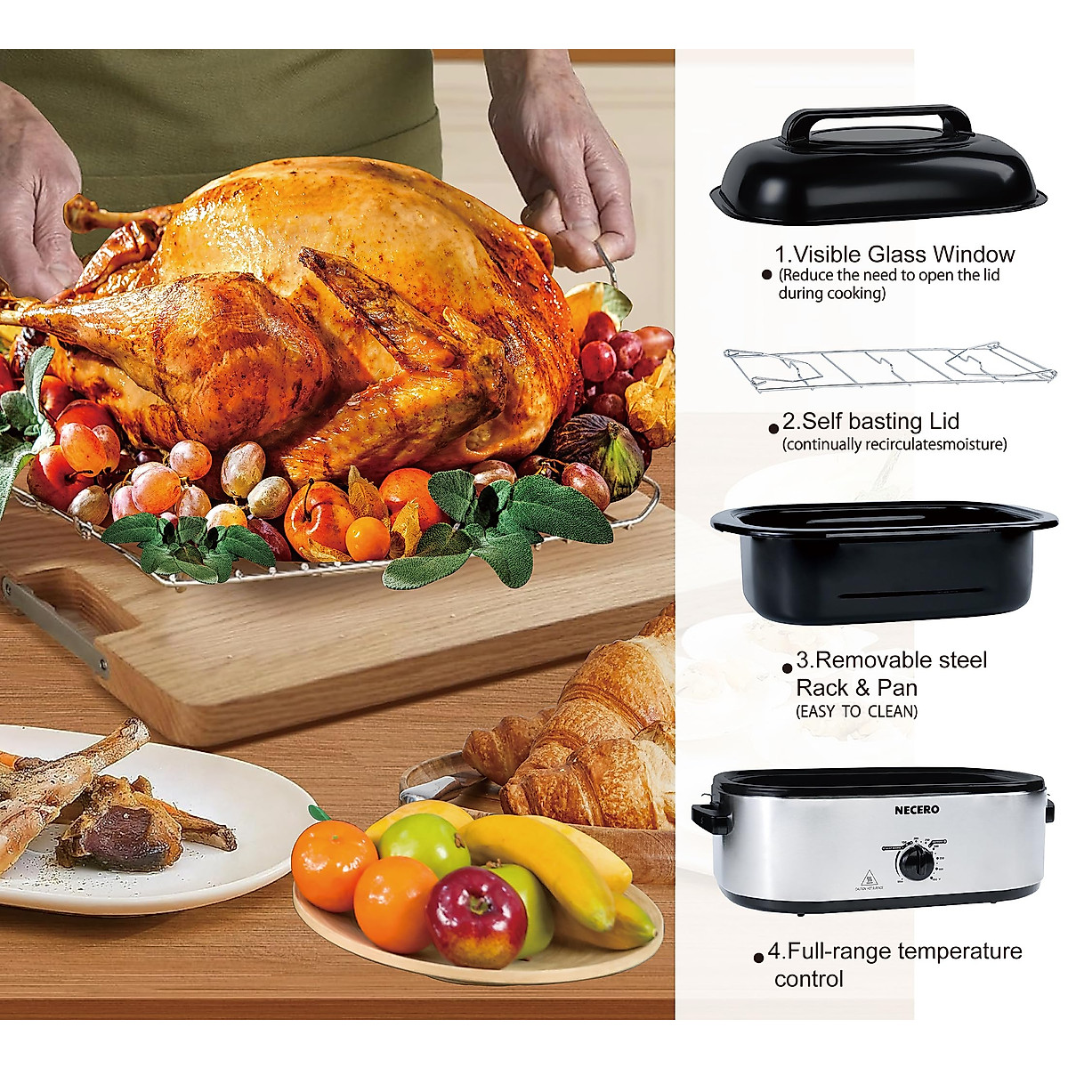 NECERO Roaster Oven 28 Quart Electric, Electric Roaster Pan with Visible&Self-Basting Lid, Large Stainless Steel Electric Turkey Roaster Oven Defrost Warm Function, Removable Pan Rack, Up To 24LB