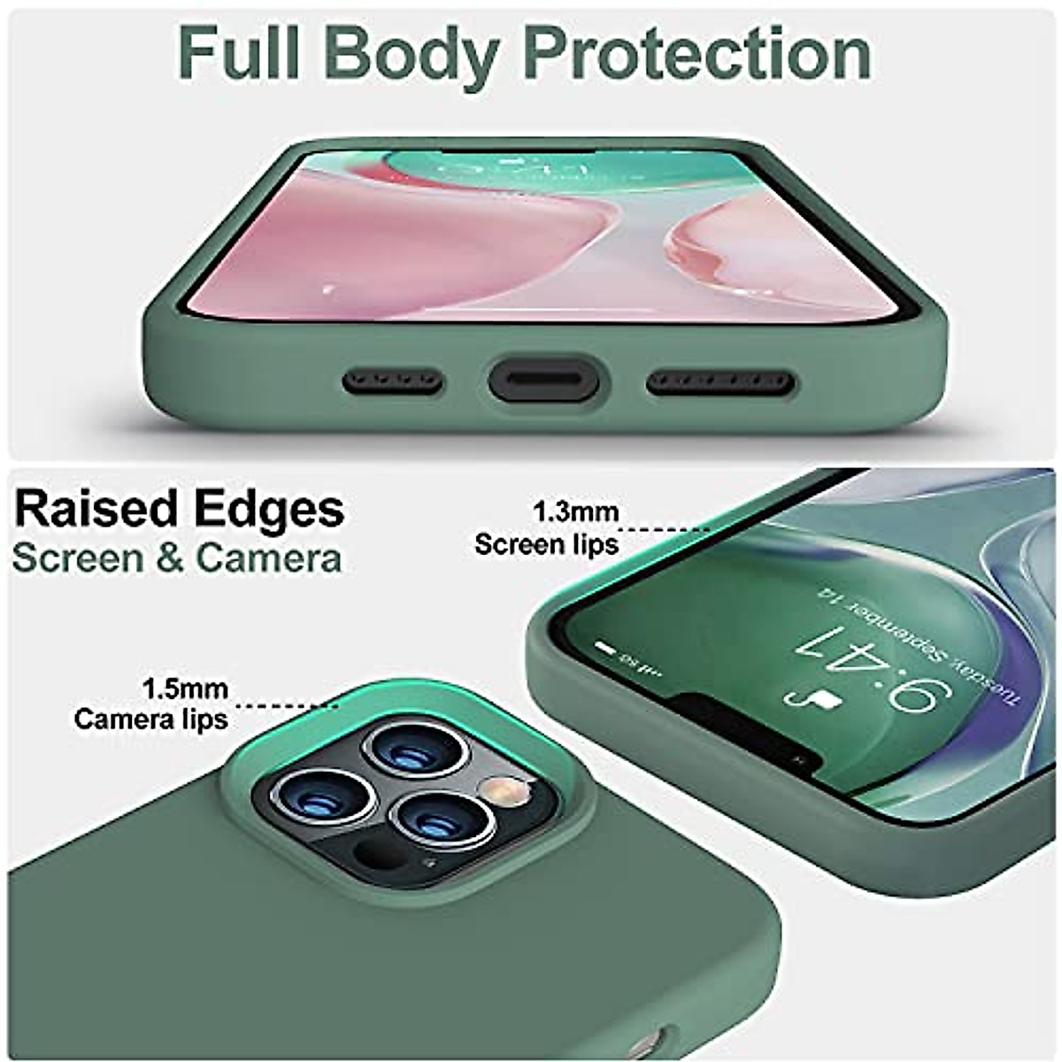 Vooii Compatible with iPhone 13 Pro Max Case, Liquid Silicone Full Body Protective Case with [Anti-Scratch] [Soft Microfiber Lining] [Camera Protective] for iPhone 13 Pro Max 6.7 inch, Pine Green