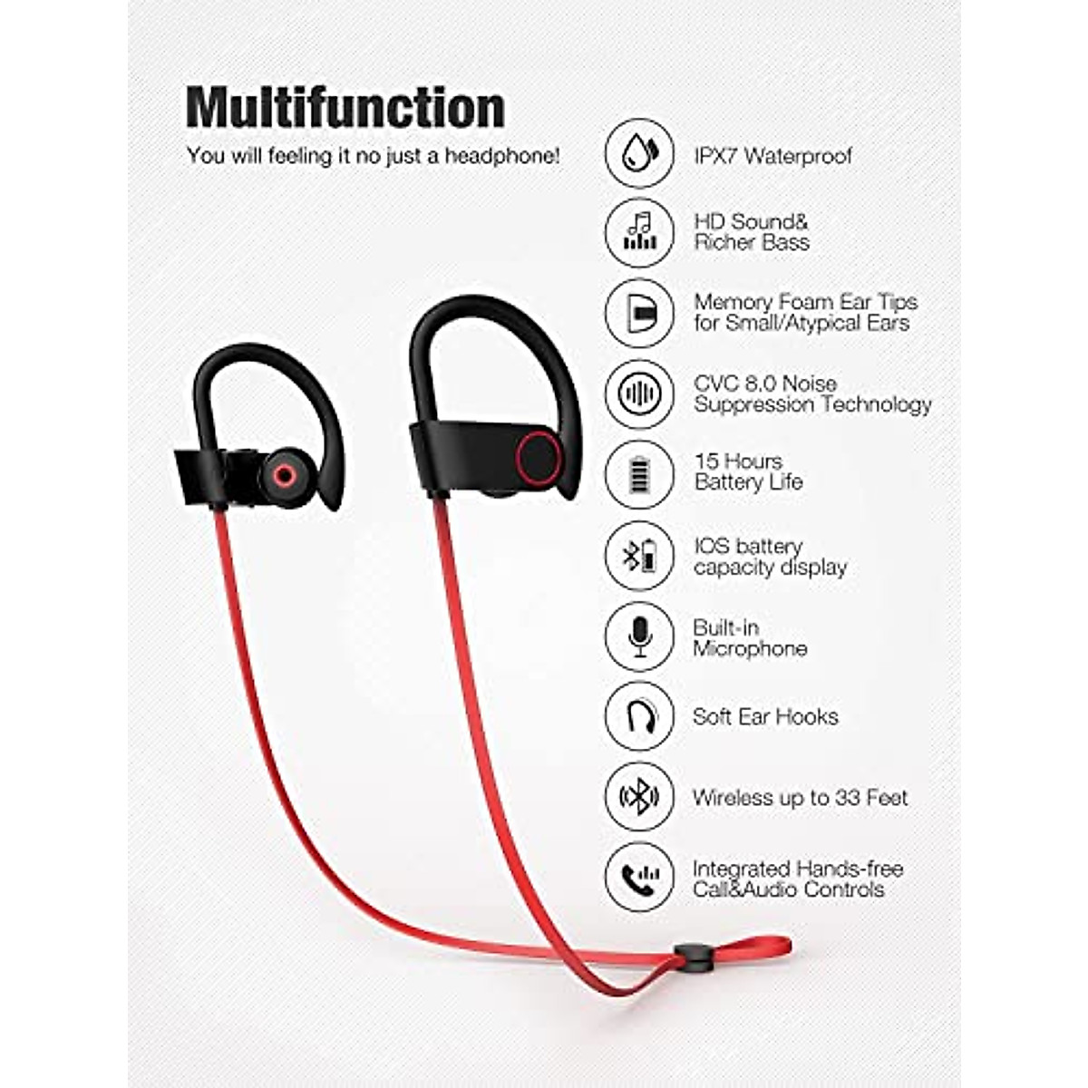 Otium Bluetooth Headphones,Wireless Earbuds IPX7 Waterproof Sports Earphones with Mic HD Stereo Sweatproof in-Ear Earbuds Gym Running Workout 10 Hour Battery Noise Cancelling Headsets