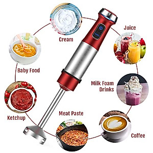 Immersion Hand Blender,500W-Stepless Speed 4-in-1 Smart Stick Blender with 800ml Mixing Beaker,Milk Frother,Egg Whisk for Smoothies/Puree Baby Food/Sauces/Soups,Red