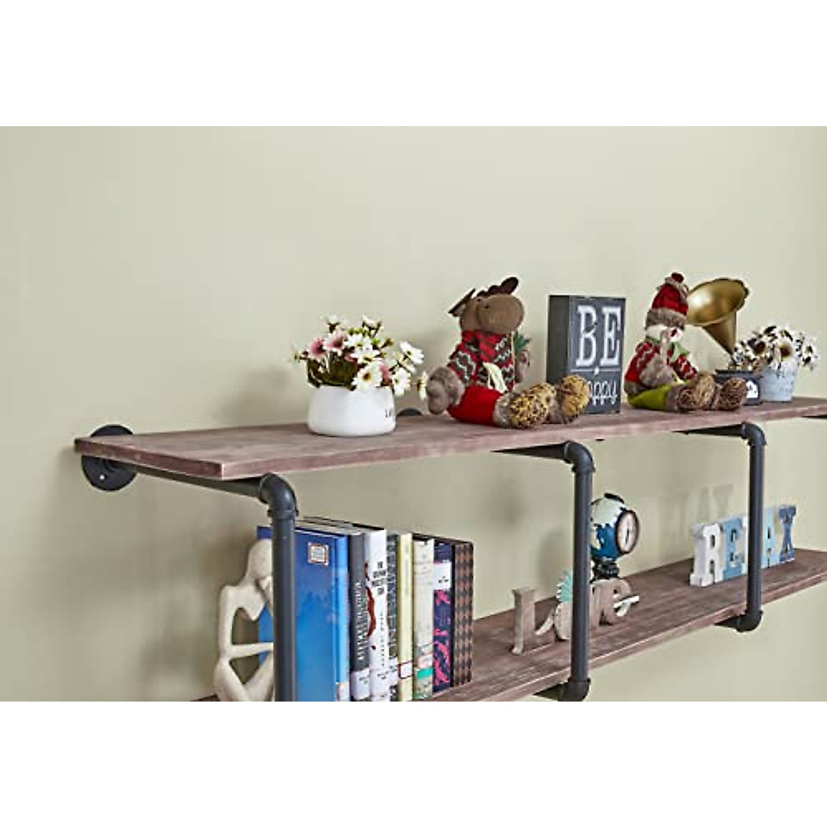 ROGMARS Industrial Pipe Shelving 70 Inch Pipe Shelves Solid Wood Floating Book Shelves Wood for Wall Decor Heavy Duty Floating Bar Shelves Industrial Shelving