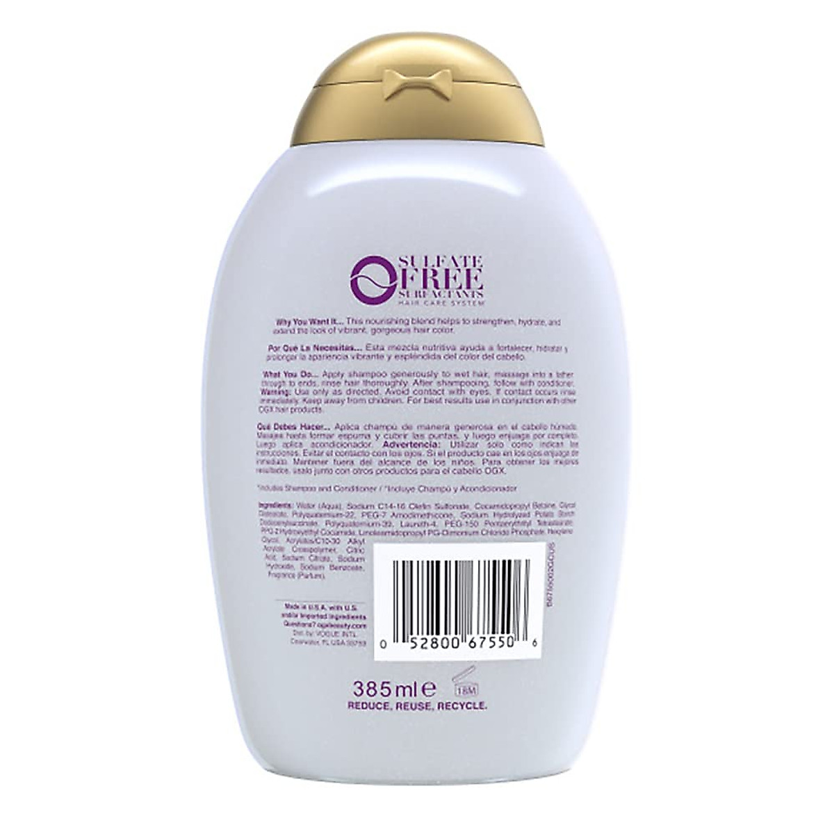 OGX ColorGlam Ultra Hydrating Shampoo for Color-Treated Hair, Gentle Sulfate-Free Surfactants to Help Protect Hair Color, Semi-Sweet Scent, 13 Fl Oz