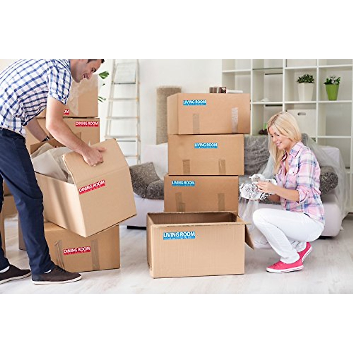 600 Home Moving Labels for 3 Bedroom House. 50 labels per room, 12 Color Coded Label Rolls. FRAGILE label included. For Moving boxes, Moving Supplies, Wardrobe Boxes, Apartment sticker