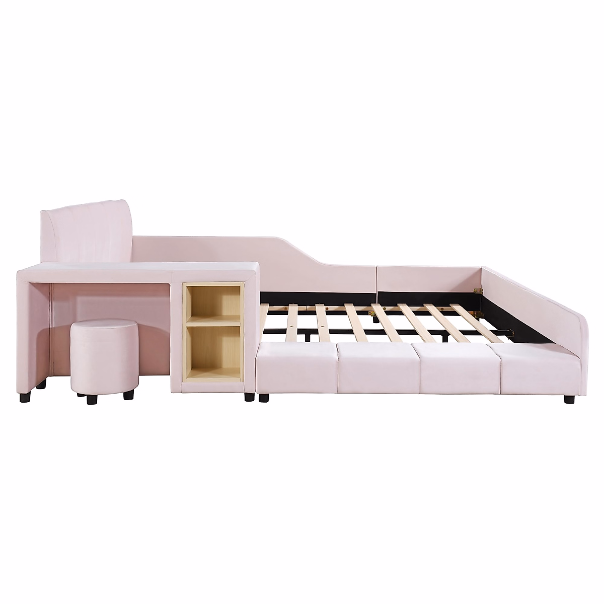 Modern Queen Size Upholstered Grounded Bed Mother & Child Bed Velvet Fabric Upholstered Floor Platform Bed with Bedside Desk and Little Round Stool for Kids Teens Boys Girls Adults (Pink-@9.9)