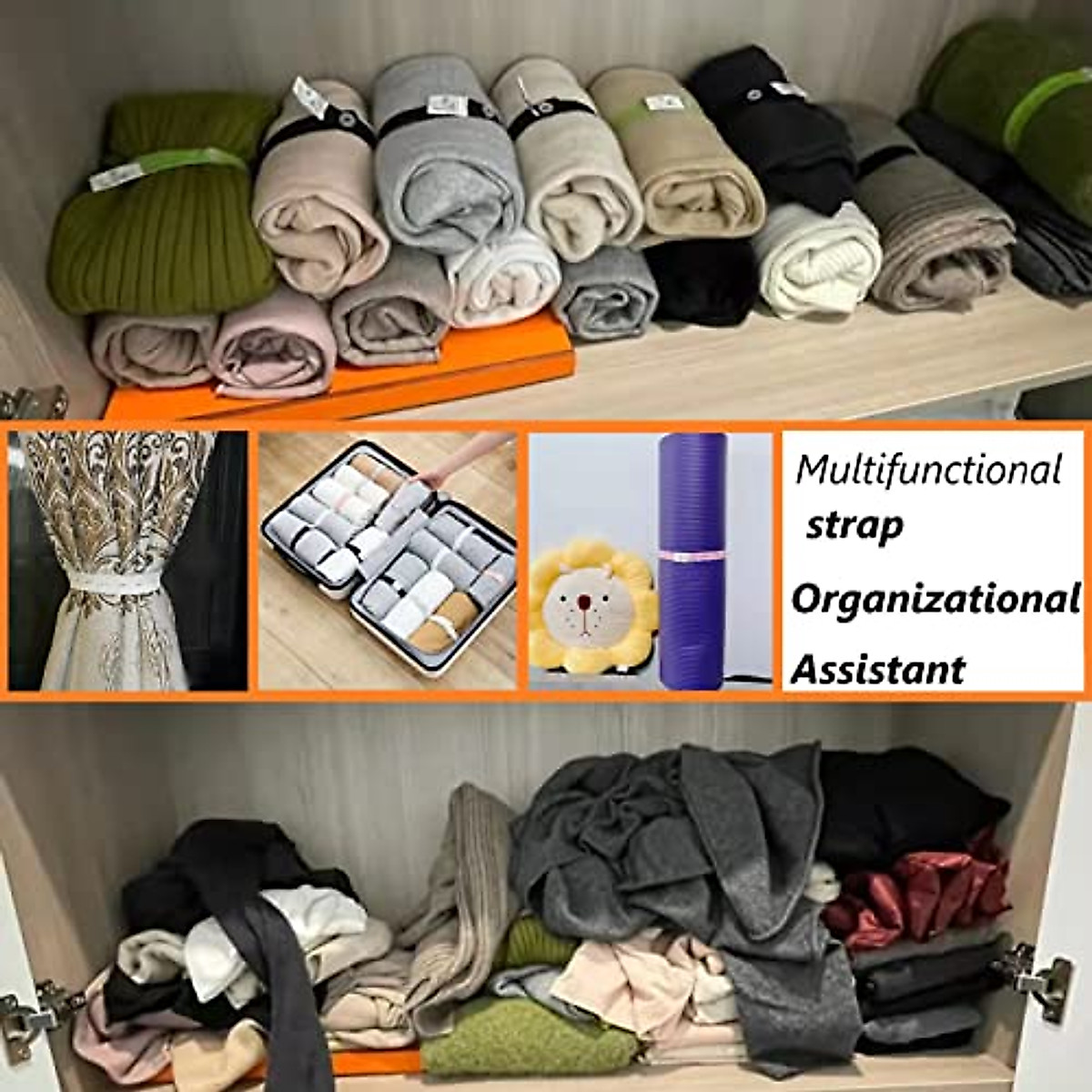 20Pcs Elastic Band with Buttonholes, Stretchable Connectable, Roll-up Clothes Storage Band, Adjustable Clothing Storage Strap with Button, Travel Luggage Space Saver, Drawer & Closet Organizer, Black