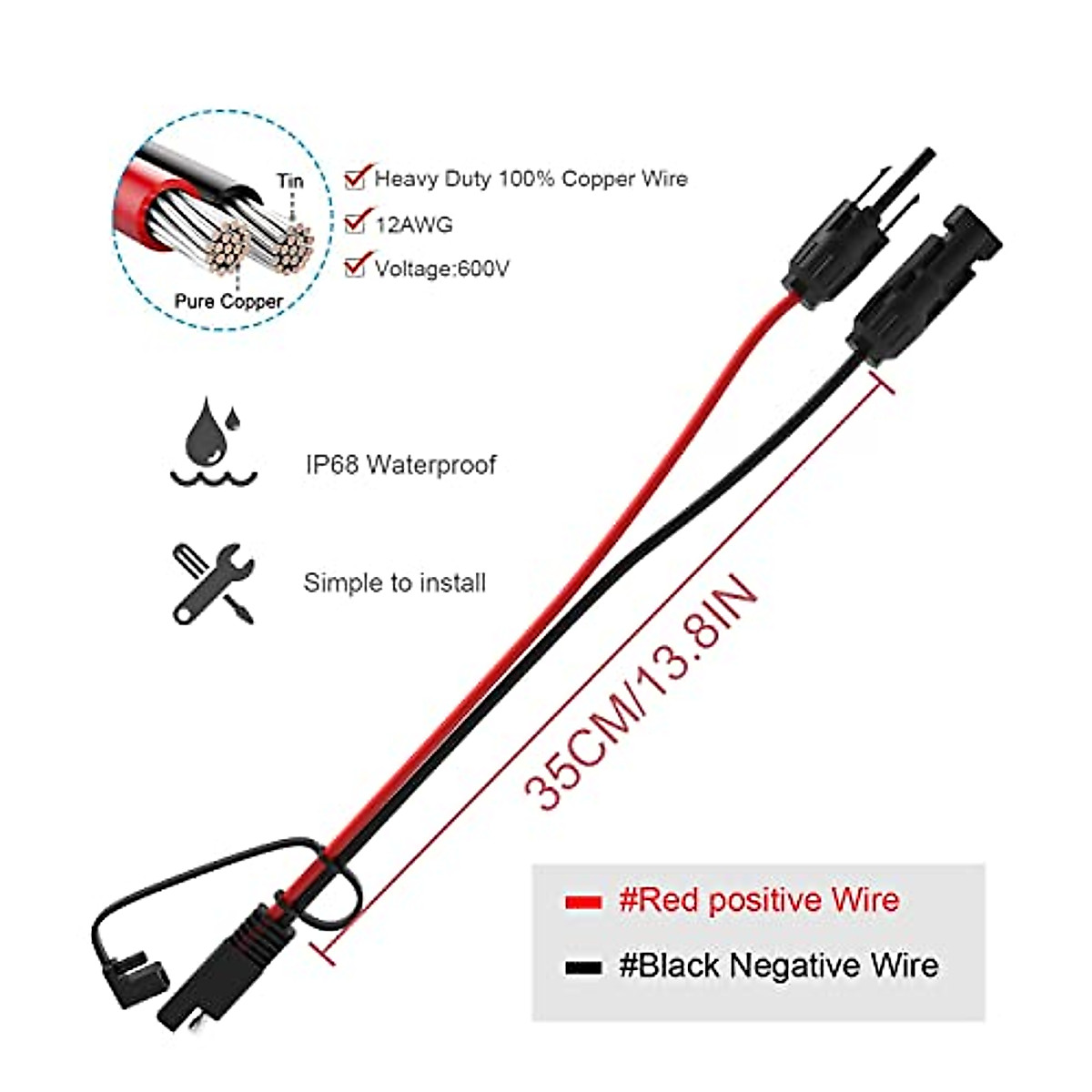 BERLAT Solar Panel Extension Cable,10AWG SAE PV Extension Cable to Solar Panels with 2 Pack SAE to SAE Polarity Reverse Adapters-30cm