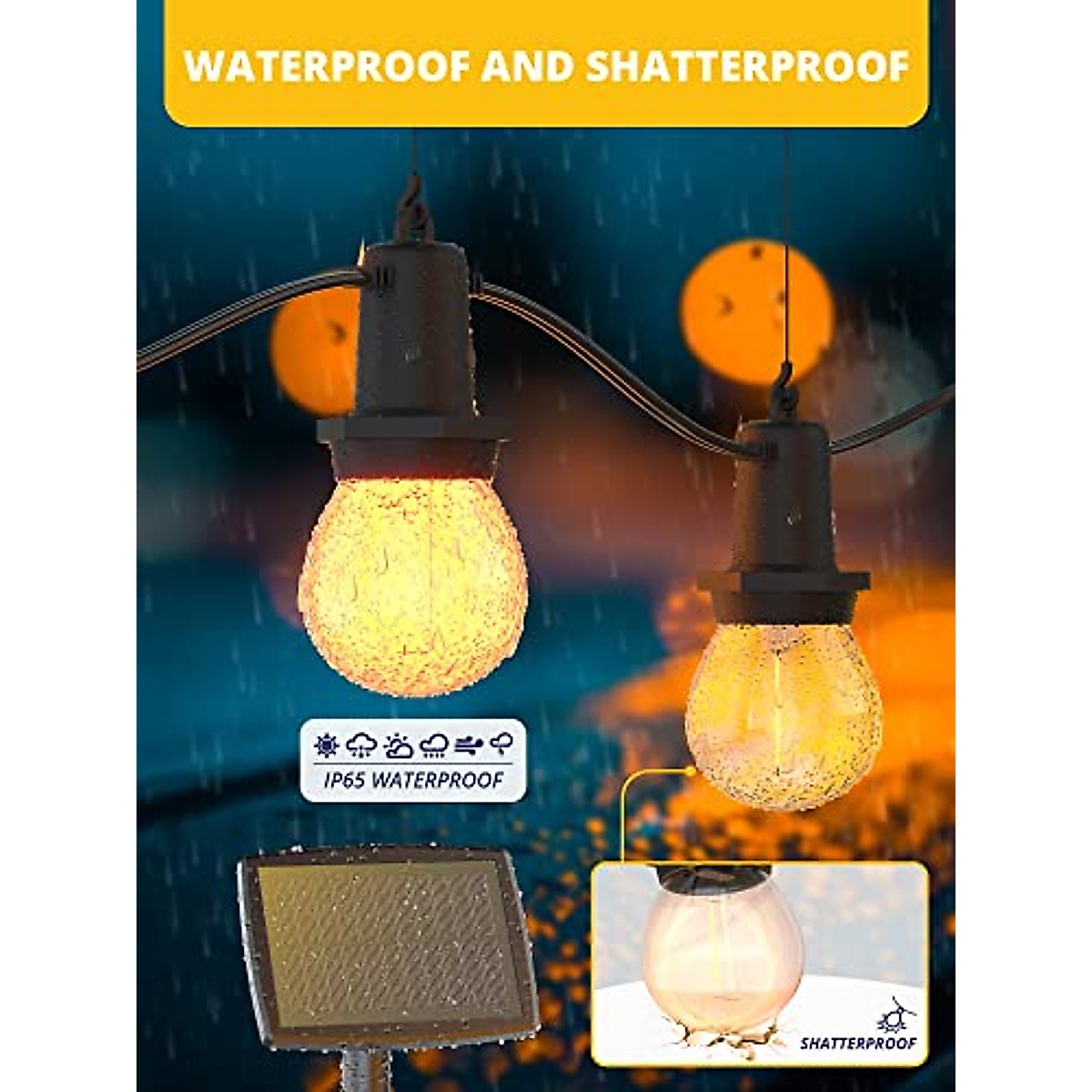 Sunnyload Solar String Lights Outdoor Waterproof, 48ft Solar Powered Lights with Shatterproof 15+1 G40 LED Bulbs, USB Rechargeable 4 Modes Dimmable for Balcony Patio Garden