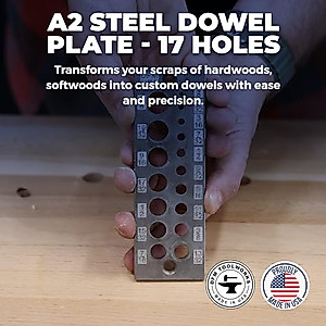 DFM Tool Works Doweling Tool - Premium Dowel Maker Tool, Versatile Dowel Plate, High-Grade A2 Steel for Woodworking, Made in USA - English 17 Holes, Multi-Size