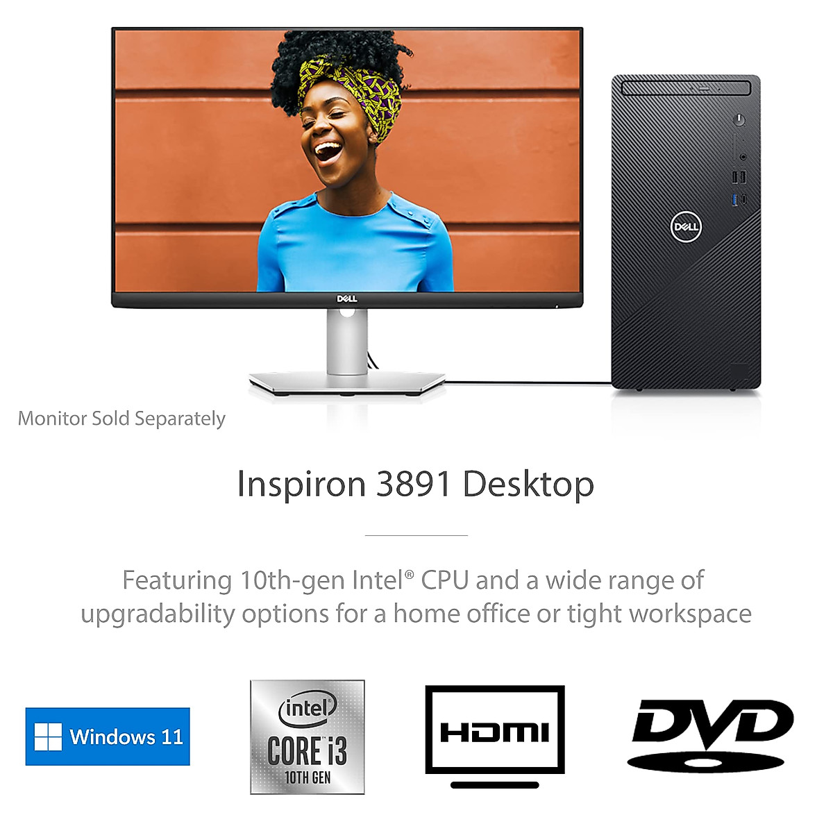 Dell 2021 Inspiron 3891 Desktop PC, Intel Core i3-10105, 16GB RAM, 256GB SSD + 1TB HDD, WiFi 6, Bluetooth, HDMI, DVD-RW, Wired Keyboard&Mouse, Win 11 Home