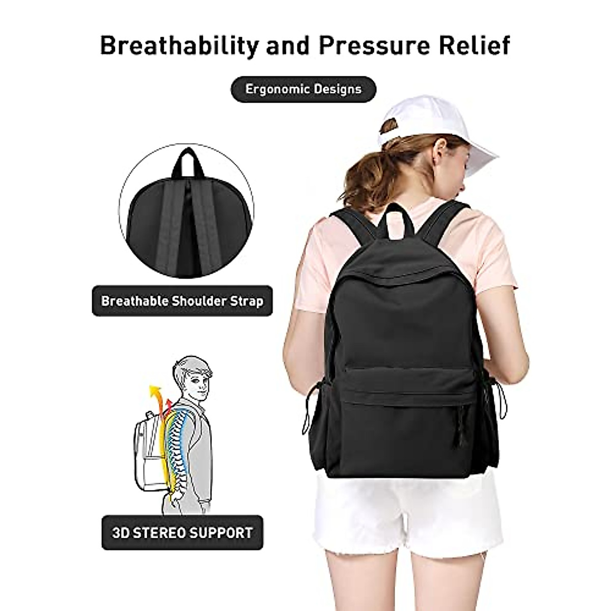 Black Backpack for Women Men, Waterproof High School Bookbag,Lightweight Casual Travel Daypack,Classic Basic College Backpack,Middle School Bag for Teen Girls Boys