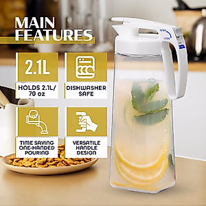 Lustroware QuickServe Airtight Pitcher - 2.1L (70oz), Heat Resistant, BPA-Free SAN Plastic, One Touch Open & Close, Space-Saving, Made in Japan - White
