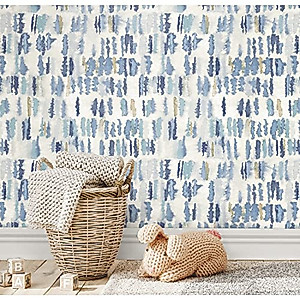 RoomMates RMK12533RL Watercolor Fountain Peel and Stick Wallpaper, 6" x 12", Blue, 28 Sq Ft