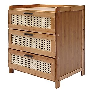 DDBESSIC Nightstand, 3 Drawers End Table Mid-Century Vintage Side Table, Retro Bedside Table Natural Bamboo Living Room Bedroom Storage Table Night Stand