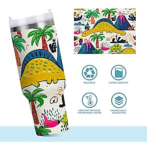 RPLIFE Cute Colorful Dinosaurs Coffee Tumbler with Handle, Stainless Steel Mug, Straw Water Bottle