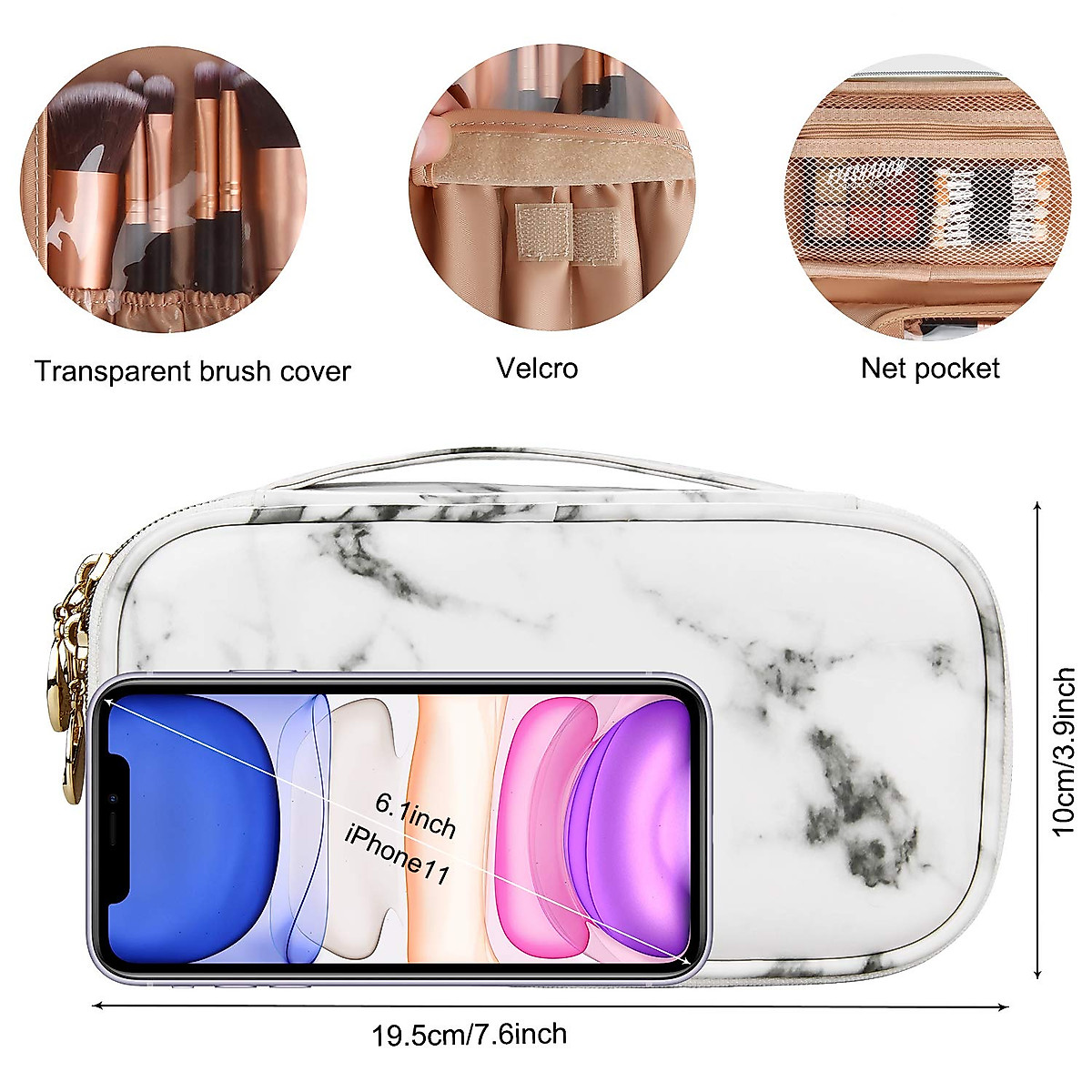 Relavel Makeup Case 2-Layer Cosmetic Brush Bag Marble Storage Travel Bag for Professional Makeup Brushes Storage Box (Marble White Pattern)