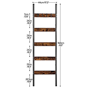 HOOBRO Blanket Ladder, 5-Tier Towel Rack with Hooks, Wall-Leaning Blanket Rack, Decorative Display Ladder Shelf, Scarves, Industrial, Living Room, Bedroom, Rustic Brown and Black BF52CJ01