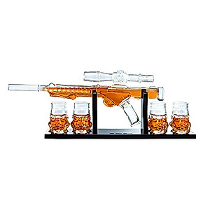 Blaster Force Gun Whiskey & Wine Decanter Set Glasses - Energized Particle Weaponry Elegant Decanter 24" - 4 Trooper Shot Glasses & Mahogany Wooden Base The Wine Savant (20 OZ) Gifts for Dad