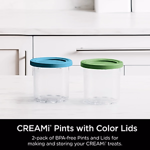 Ninja NC299AMZ CREAMi Ice Cream Maker, Matte Black & XSKPLID2CD Pints 2 Pack, Compatible with NC299AMZ & NC300s Series Creami Ice Cream Makers, BPA-Free & Dishwasher Safe, Lime & Aqua Lids, 1