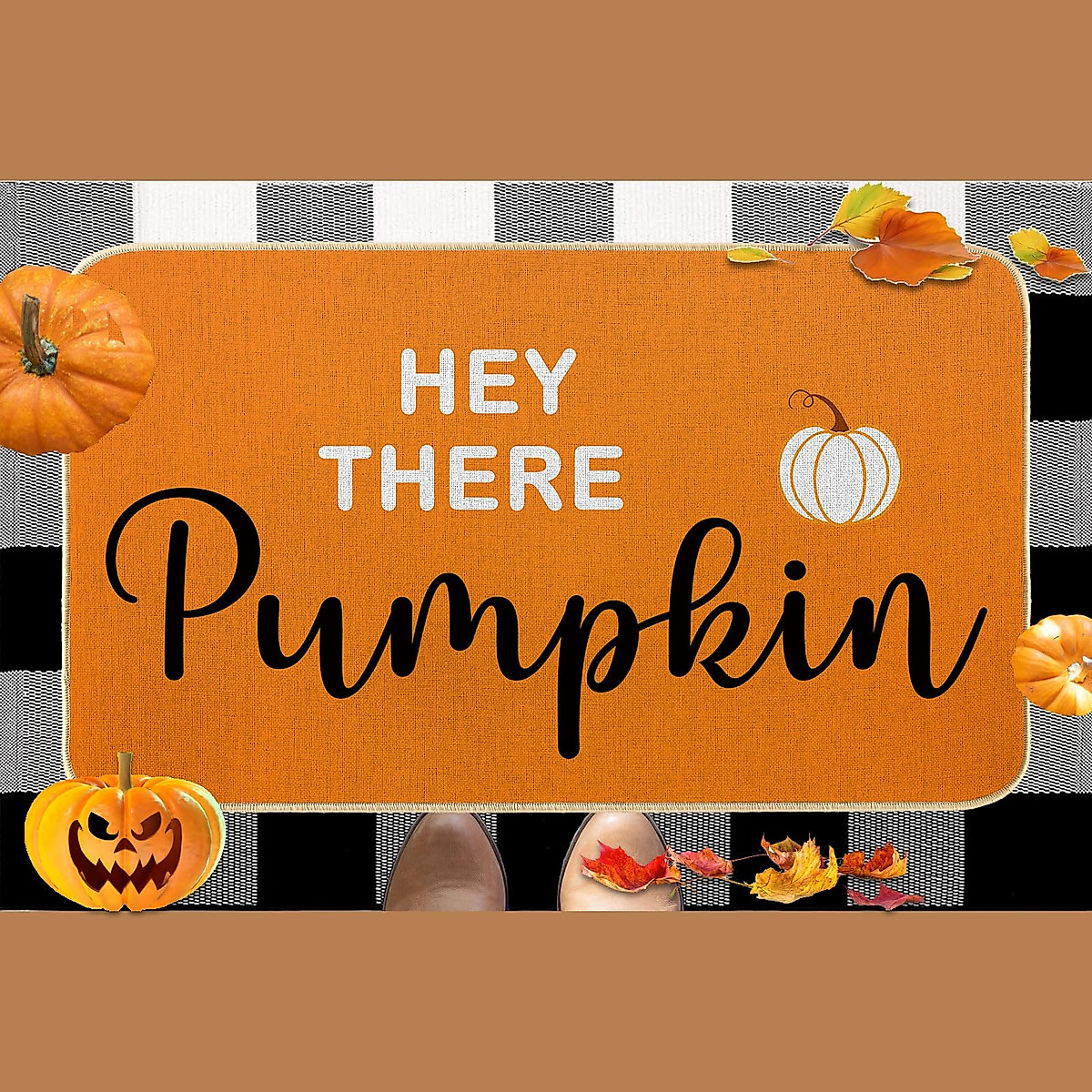 Hey There Pumpkin Door Mat 2 Pcs Fall Welcome Mat with Buffalo Plaid Rug Fall Decor - Autumn Thanksgiving Halloween Front Porch Entryway Outdoor Entrance Doormat