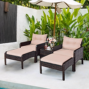 Tangkula Wicker Furniture Set 5 Pieces PE Wicker Rattan Outdoor All Weather Cushioned Sofas and Ottoman Set Lawn Pool Balcony Conversation Set Chat Set