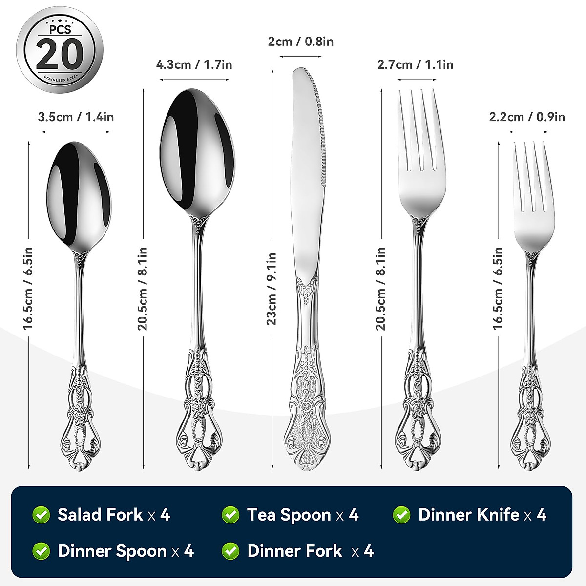 Silverware Set Service for 4, 20-Piece Premium Stainless Steel Flatware Set Includes Fork Spoon Knife, Gorgeous Cutlery Set, Anti-Rust Kitchen Utensils Set, Silver, Poylim