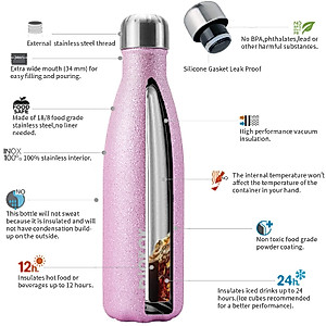 BJPKPK Insulated Water Bottles -17oz/500ml -Stainless Steel Water Bottles,Sports Water Bottles Keep Cold for 24 Hours and Hot for 12 Hours,BPA Free Water Bottle,Glitter Gold