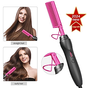Hot Comb Hair Straightener Heat Pressing Combs - Ceramic Electric Hair Straightening Comb, Curling Iron for Natural Black Hair Beard Wigs Holiday Gift - Pink