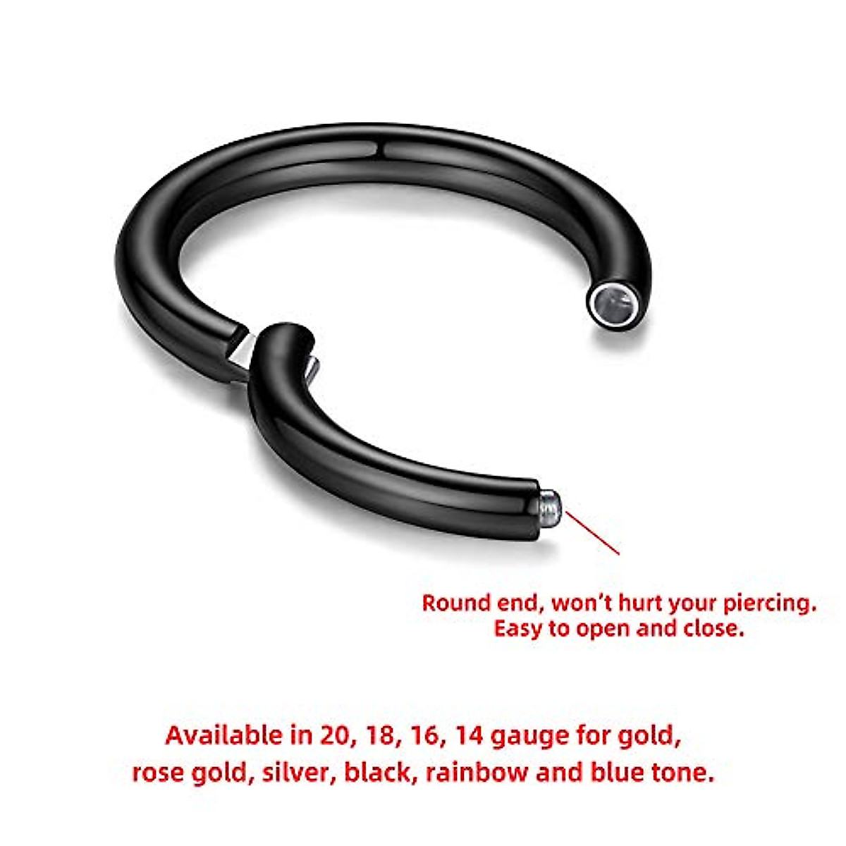 WBRWP 316L Surgical-Steel Hinged Nose Rings Hoop 18G Womens and Mens Body Pierecing Ring Septum Clicker Helix Cartilage Hoop Body Piercing Jewelry 8mm Diameter, Black