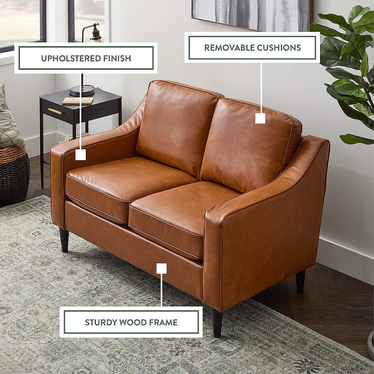 Edenbrook Jensen Upholstered - Camel Faux Leather - Furniture - Small Loveseat- Seats Two - Scoop Arm Modern Couch - Couches for Living Room