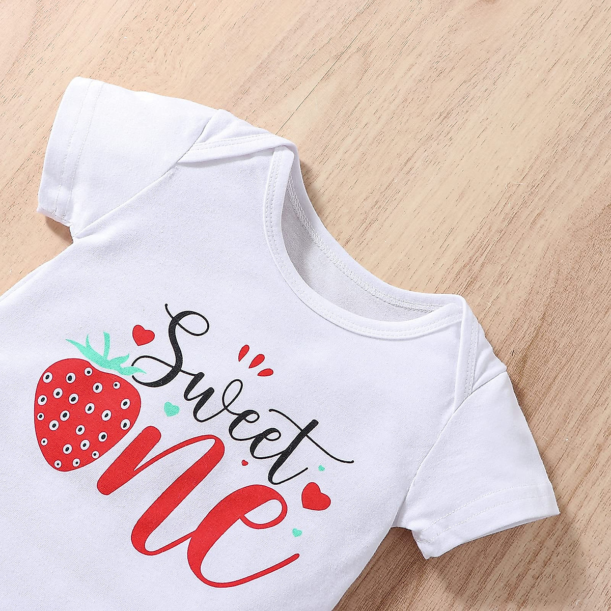 Baby Girl First Birthday Outfit Sweet One Fruit Short Sleeve Romper Top Flare Pants Headband 3Pcs Cake Smash Clothes (Strawberry, 12-18 Months)