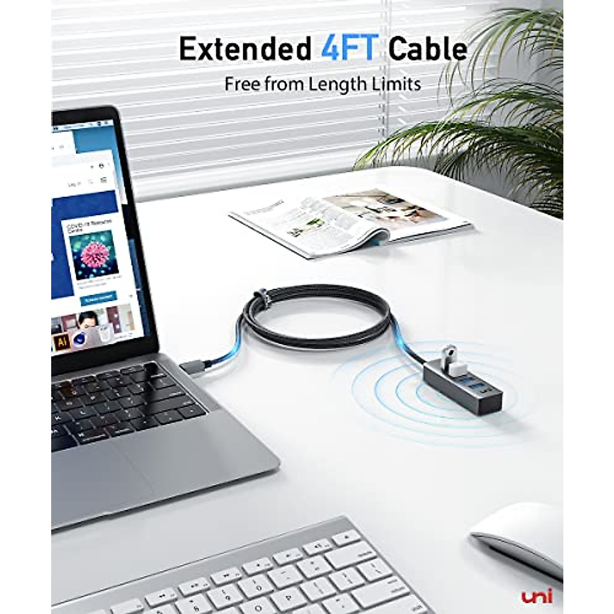 USB C to USB Hub Long Cable 4 FT, uni Slim Type-C to USB 3.0 Splitter [Thunderbolt 3/4 Compatible] for MacBook Pro/Air M1, Dell XPS, Surface Laptop 4 | HDD, MIDI Devices, Webcam and More