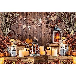7x5ft Vinyl Fall Halloween Backdrop Pumpkin Bat Candle Hay Maple Leaves Background Rustic Wooden Backdrop Thanksgiving Photo Booth Props Funny Birthday Party Decorations Banner Supplies