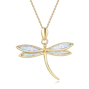 FANCIME Yellow Gold Plated Sterling Silver Opal Dragonfly Necklace Long Chain Charm Dainty Pendant October Birthstone Jewelry for Women 16"+2"