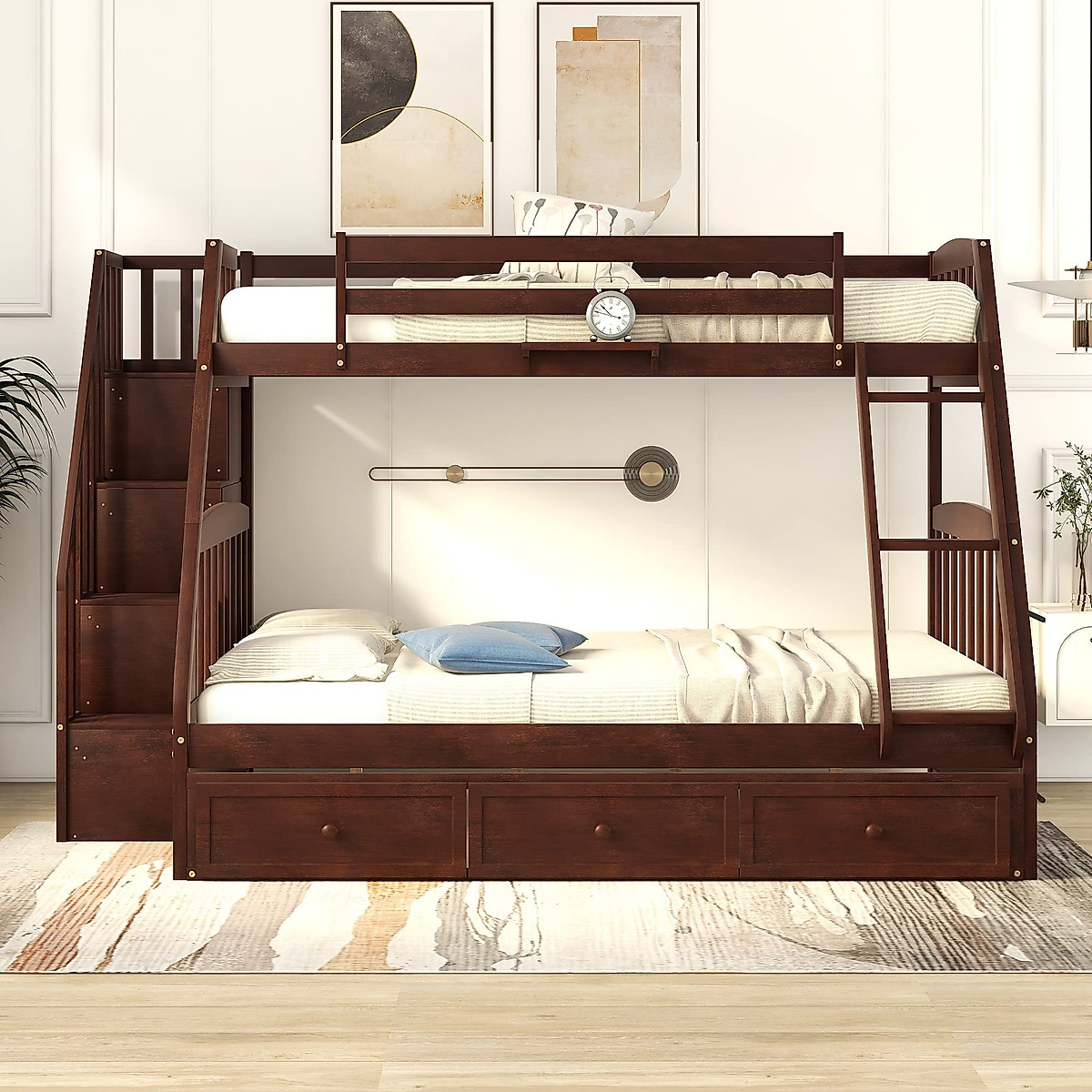 Bellemave Twin Over Full Bunk Bed with Stairs and Storage Drawers, Wood Bunk Bed Frame with Three Drawers and Shelves, Modern Detachable Bunked Frame for Kids Boys Girls Teens, Espresso