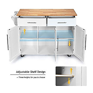 Giantex Kitchen Island Cart Rolling Storage Trolley Cart with Lockable Castors, 2 Drawers, 3 Door Cabinet, Towel Handle, Knife Block for Dining Room Restaurant Use (White)