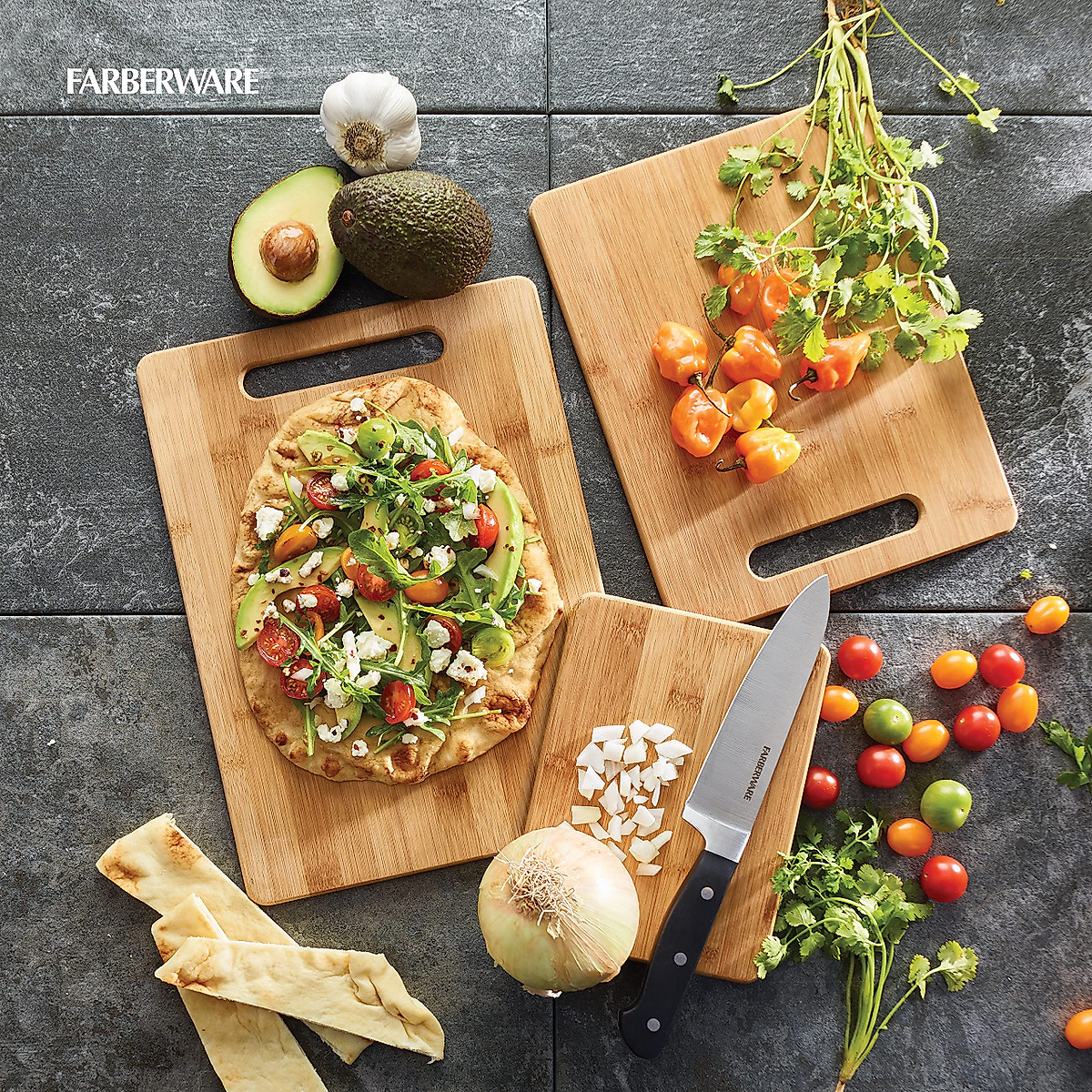 Farberware 3-Piece Wood Cutting Board Set, Reversible Chopping Boards for Meal Prep and Serving, Charcuterie Boards, Wooden Cutting Boards with Built-in Handles, Set of 3 Assorted Sizes, Bamboo