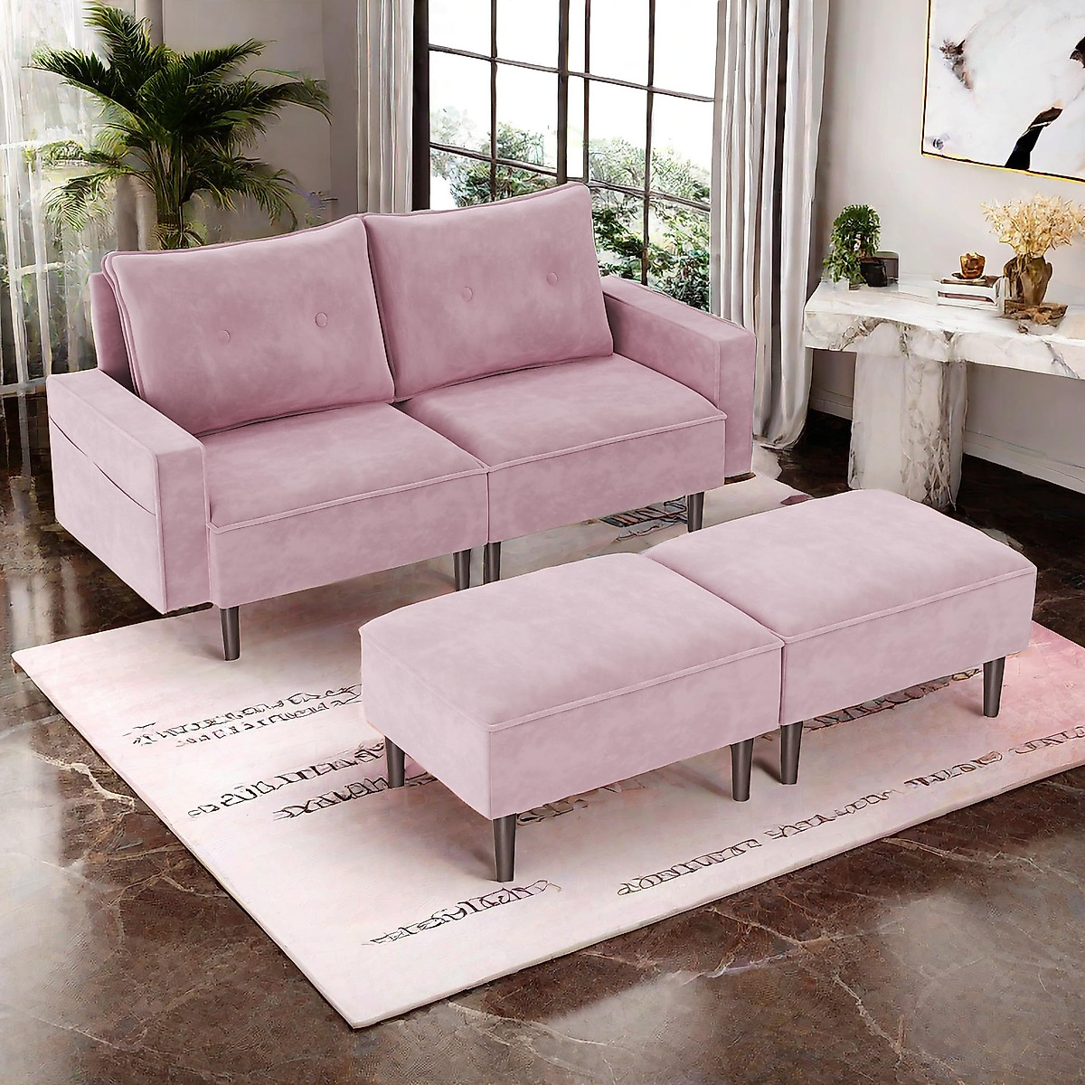 YITAHOME Modular Sectional Sofa for Small Space, Flexible Combination Convetible Couch with Ottoman, Modern Velvet Fabric Loveseat for Apartment Sleeping Room Living Room, Pink