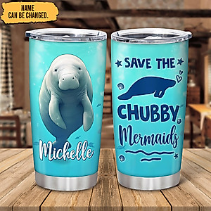 Hyturtle Personalized Gifts Manatee Lover - Save The Chubby Mermaids Customized Name Stainless Steel Tumbler 20 oz With Lid - Idea Cute Sea Animal Lover Gifts For Women, Girl On Birthday, Christmas
