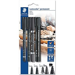 STAEDTLER 60 BK Lumocolor Permanent Marker Set with Different Tips, Set of 4 in Blister Packaging, white