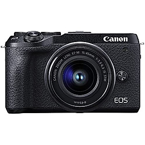Camera EOS M6 Mark II Mirrorless Camera with 15-45mm Lens and EVF (Black) with 64GB Memory, Padded Carrying Bag, High Speed Card Reader + More (18 Items)