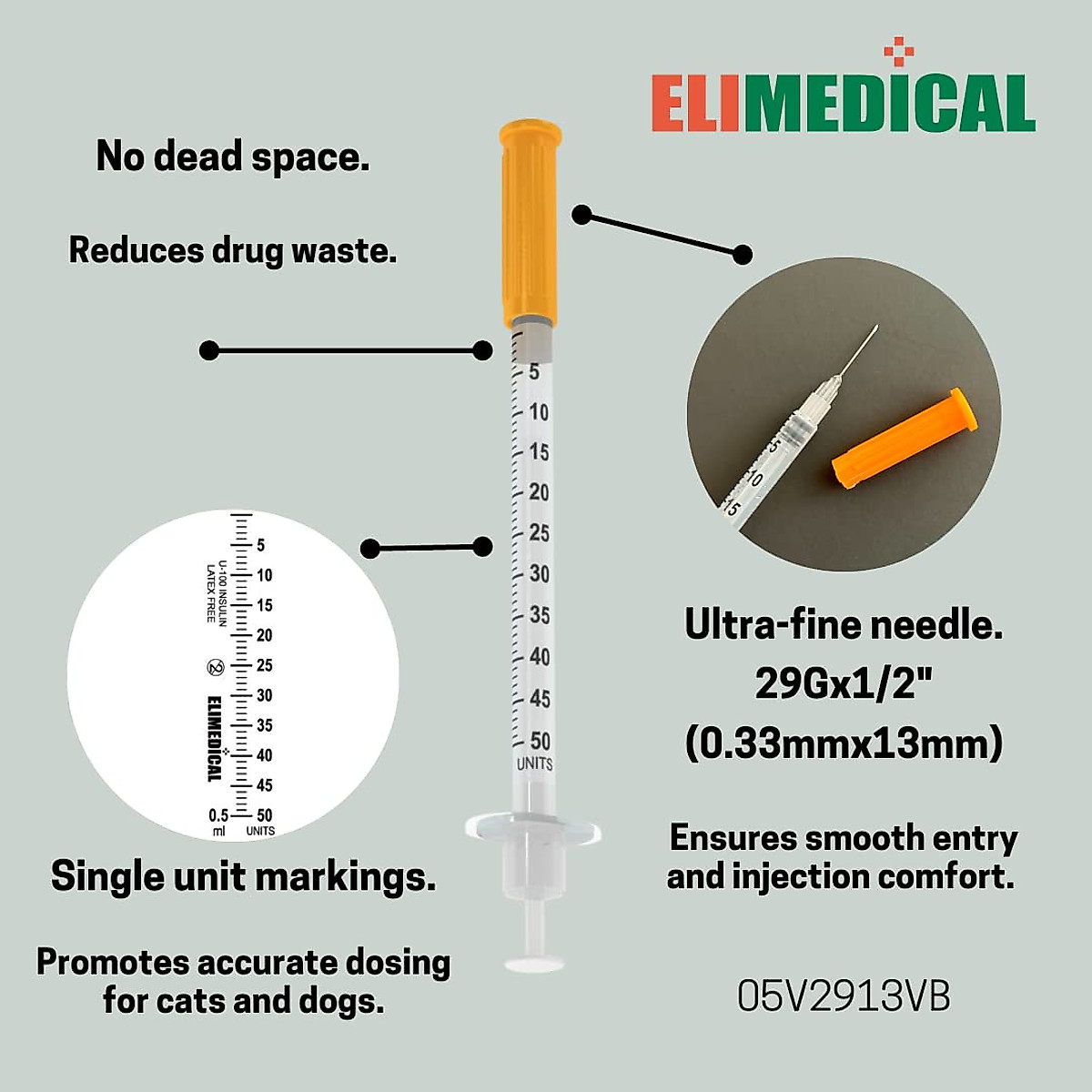 Elimedical Veterinary Insulin Syringe, U-100, 0.5cc (ml), 29g x 1/2 inch (12.7mm), Individually Packed, for Pet Cat or Dog, 100 per Box, 05V2913VB