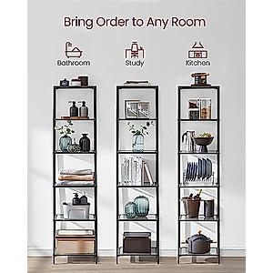 VASAGLE Bookcase, 6-Tier Bookshelf, Slim Shelving Unit for Bedroom, Bathroom, Home Office, Tempered Glass, Steel Frame, Black and Gray ULGT500G01