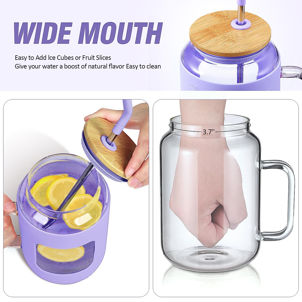 WINSA 50 oz Glass Water Bottles with Silicone Sleeve,Glass Tumbler with Lid and Straw,Iced Coffee Cup with Handle,BPA Free-Purple