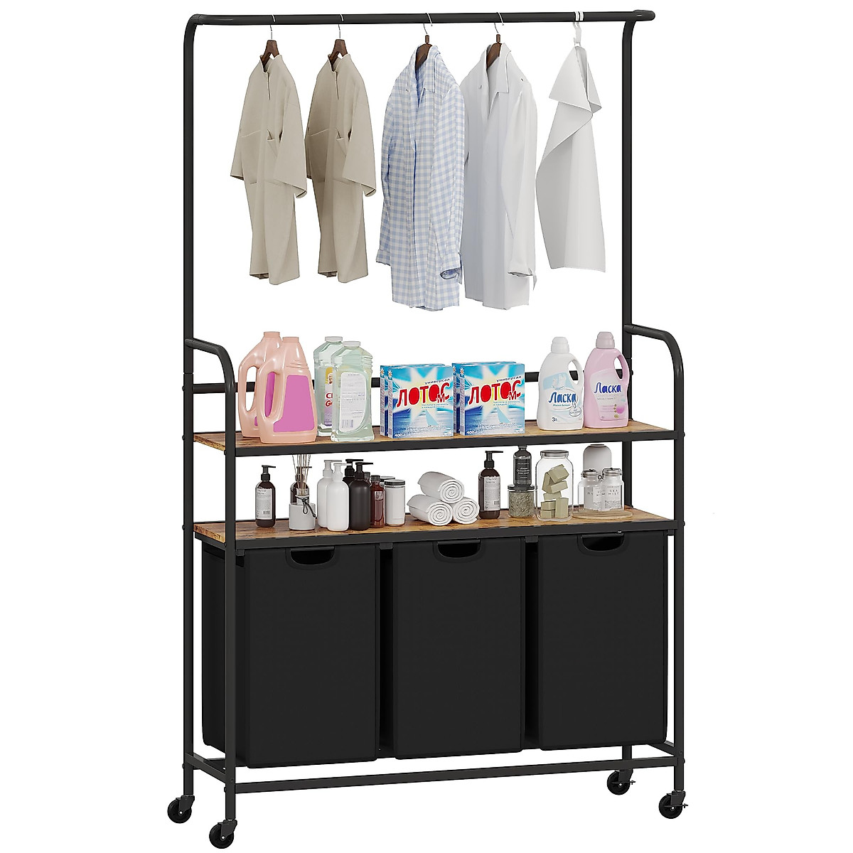 kepptory Laundry Basket 3 Section, 3 × 11.5 Gal (47L), Laundry Hamper Laundry Sorter 3 Section with Shelves and Clothes Hanging Bar, Rolling 3 Compartment Laundry Hamper for Laundry Bathroom Bedroom