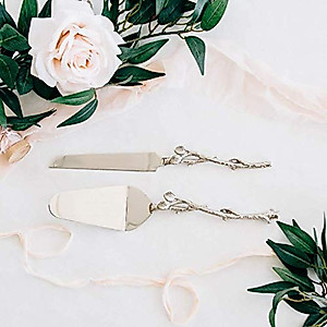 Elegant Rustic Cake Server and Knife Set with Beautiful Leaf Design, Ideal Cake Cutting Set For Wedding Party's and Elegant Events, 2 Piece Silver Twig Pie Server Set…