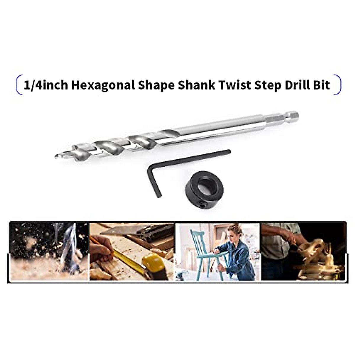 3/8" Twist Step Drill Bit Hex Shank Pocket Hole Drill Bit with Adjustable Depth Stop Collar for Pocket Hole Jig Kit